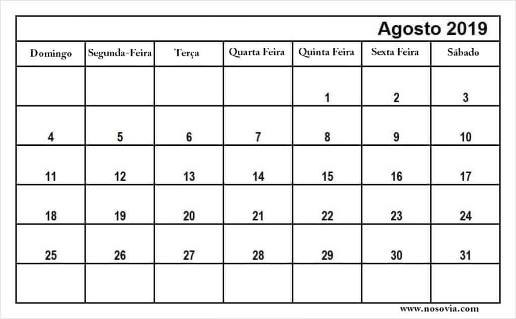 Calendário 2019 Agosto Imagem Imprimível | Nosovia.com