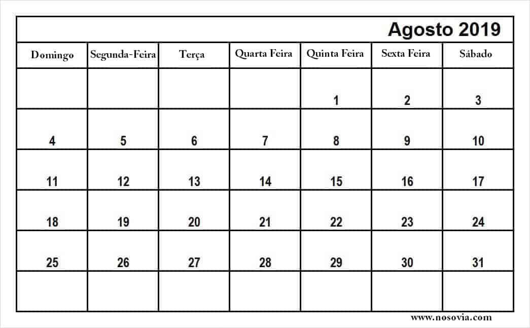 Calendário 2019 Agosto Imagem Imprimível | Nosovia.com
