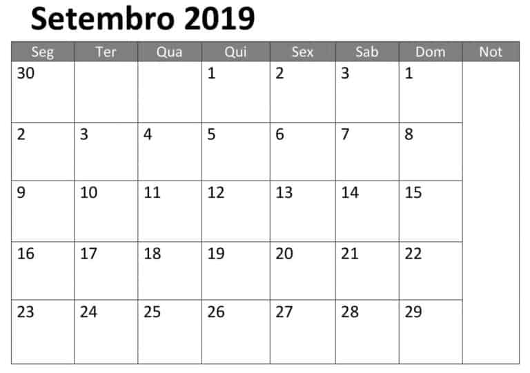 Calendário Setembro 2019 Imprimir Download Grátis | Nosovia.com