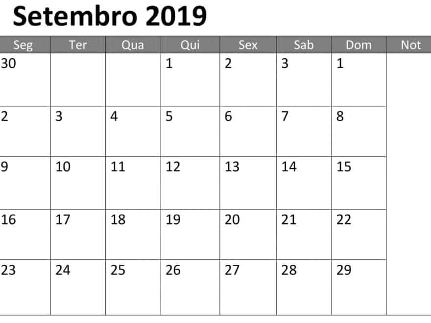 Calendário Setembro 2019 Imprimir Download Grátis | Nosovia.com