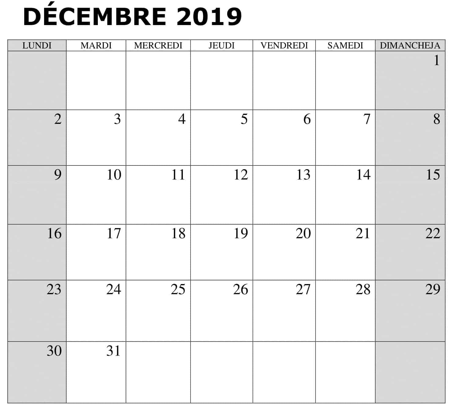 Editable Calendrier Décembre 2019 PDF | Nosovia.com