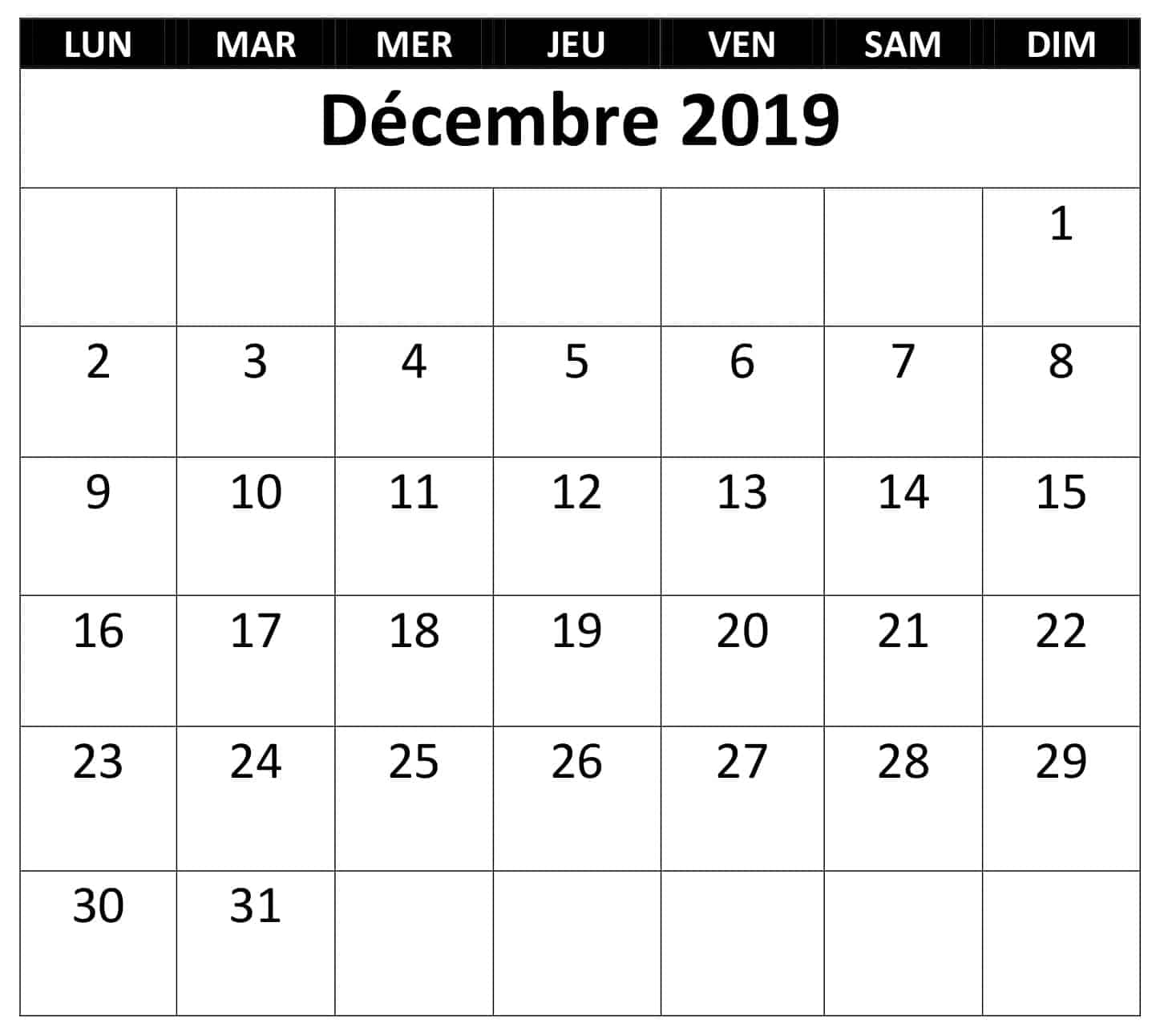 Editable Calendrier Décembre 2019 PDF | Nosovia.com