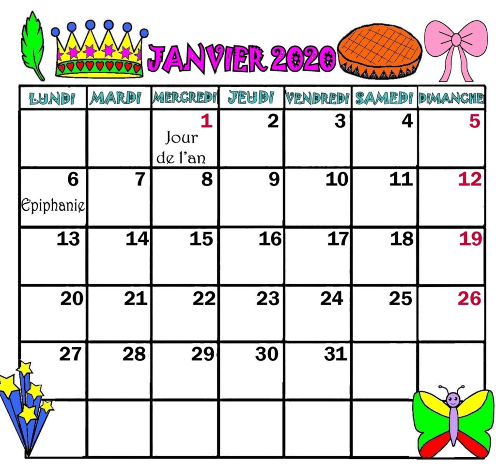 Calendrier 2020 Janvier Mignon | Nosovia.com