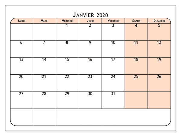 Gratuit Calendrier Janvier 2020 À Imprimer Pdf, Excel, Word | Nosovia.com