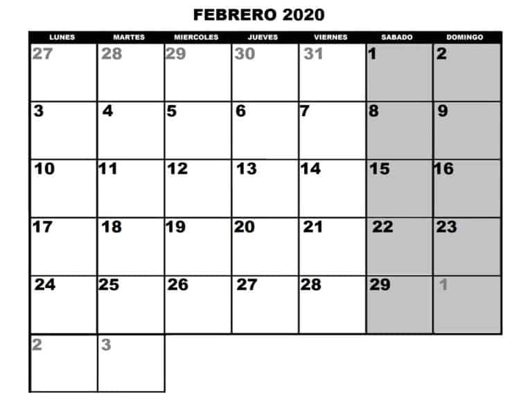 Calendario Febrero 2020 Chile Gratis | Nosovia.com