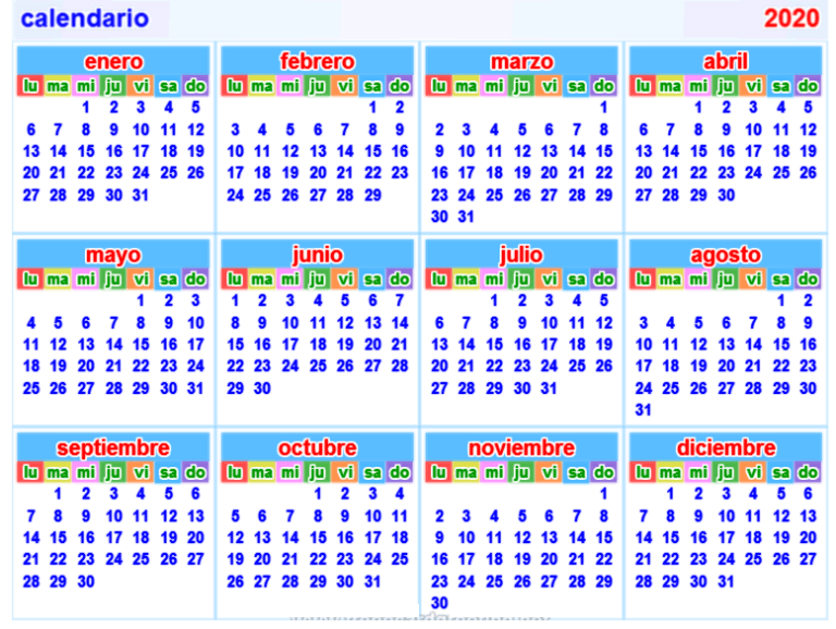 Calendario 2020 Para Imprimir | Nosovia.com