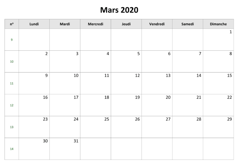 Calendrier Mars 2020 à Imprimer | Nosovia.com