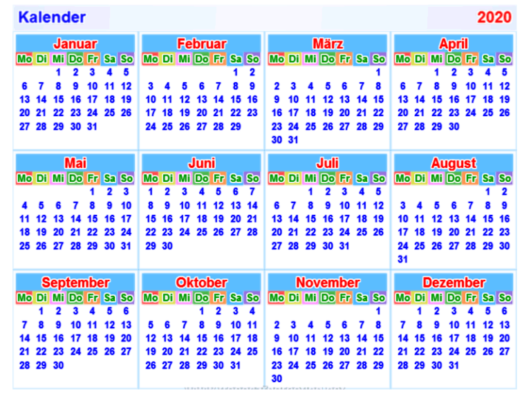 Kalender 2020 Zum Ausdrucken als PDF | Nosovia.com