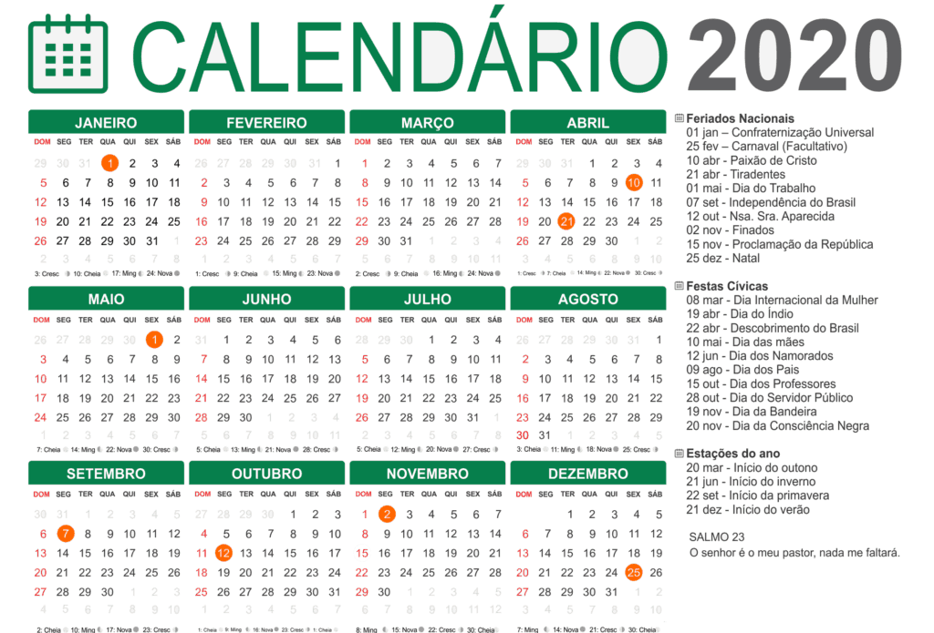 Grátis Calendário 2020 Com Datas De Feriados Nacionais | Nosovia.com