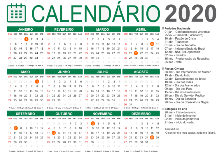 Grátis Calendário 2020 Com Datas De Feriados Nacionais | Nosovia.com