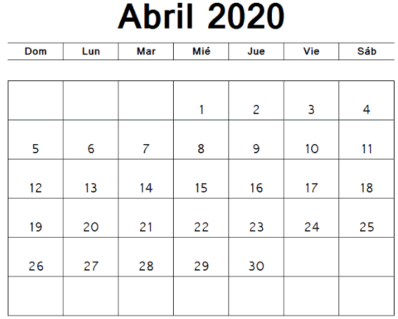 Calendário Gratuito Abril 2020 Feriados | Nosovia.com