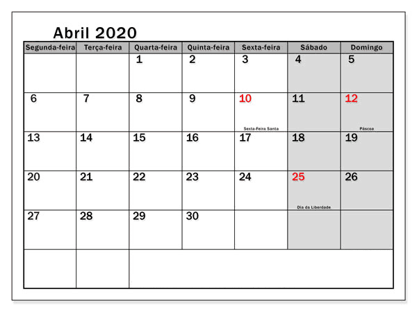 Calendário Gratuito Abril 2020 Feriados | Nosovia.com