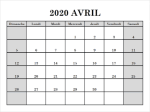 Gratuit Calendrier Avril 2020 PDF | Nosovia.com