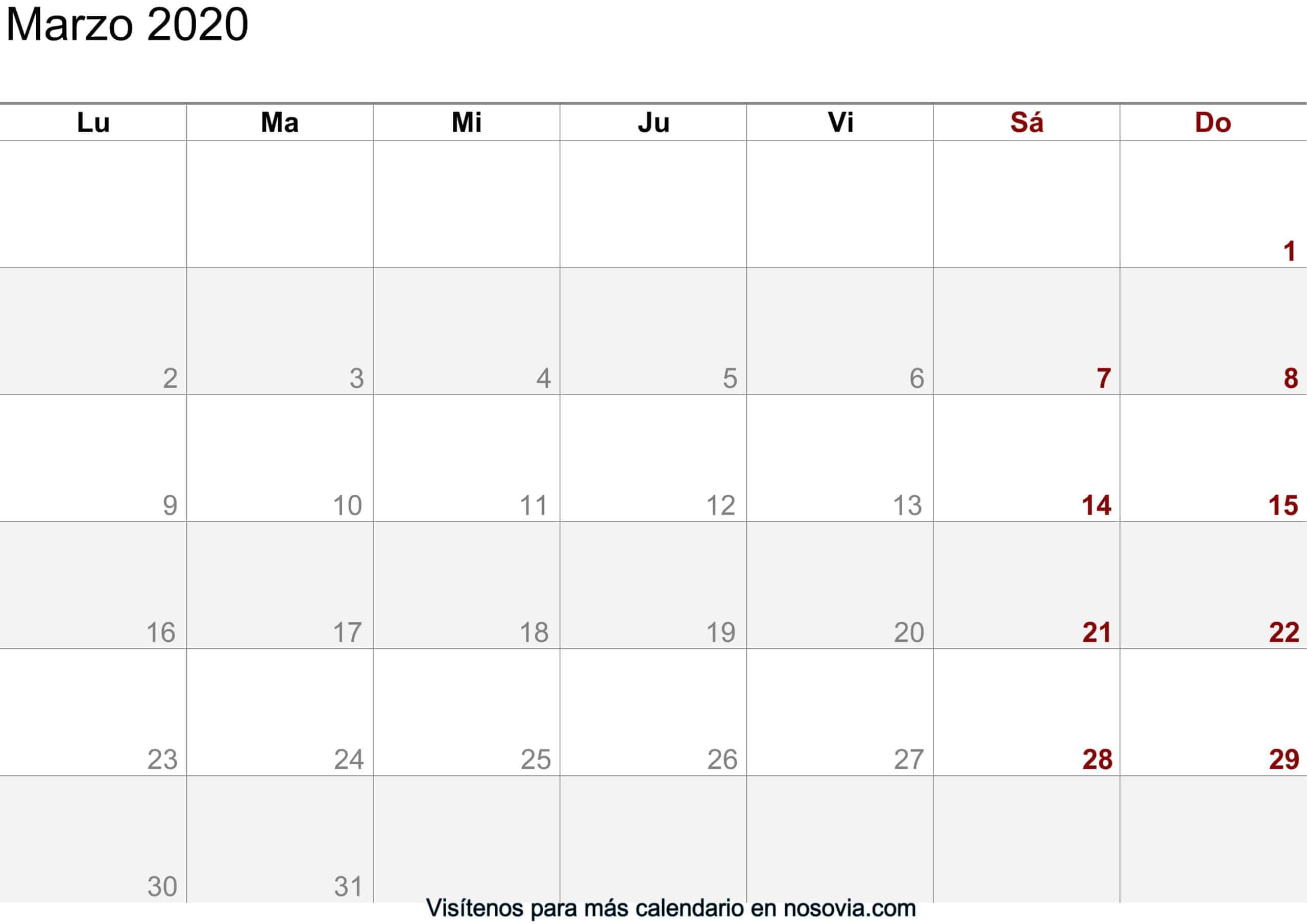 Calendario marzo 2020 Con Festivos Imprimir | Nosovia.com