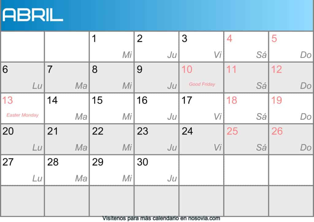 Calendario abril 2020 Con Festivos Imprimir | Nosovia.com