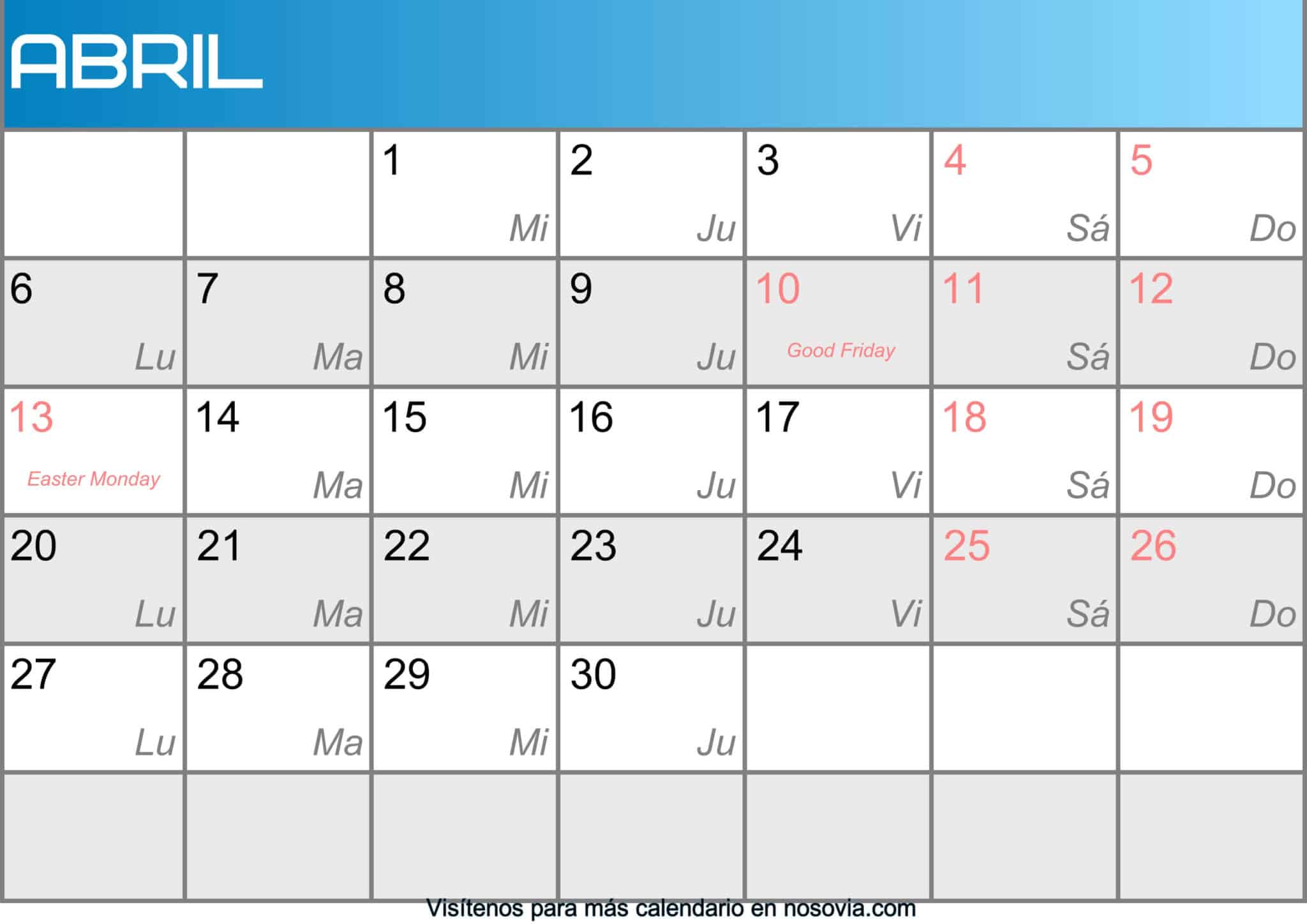 Calendario abril 2020 Con Festivos Imprimir | Nosovia.com