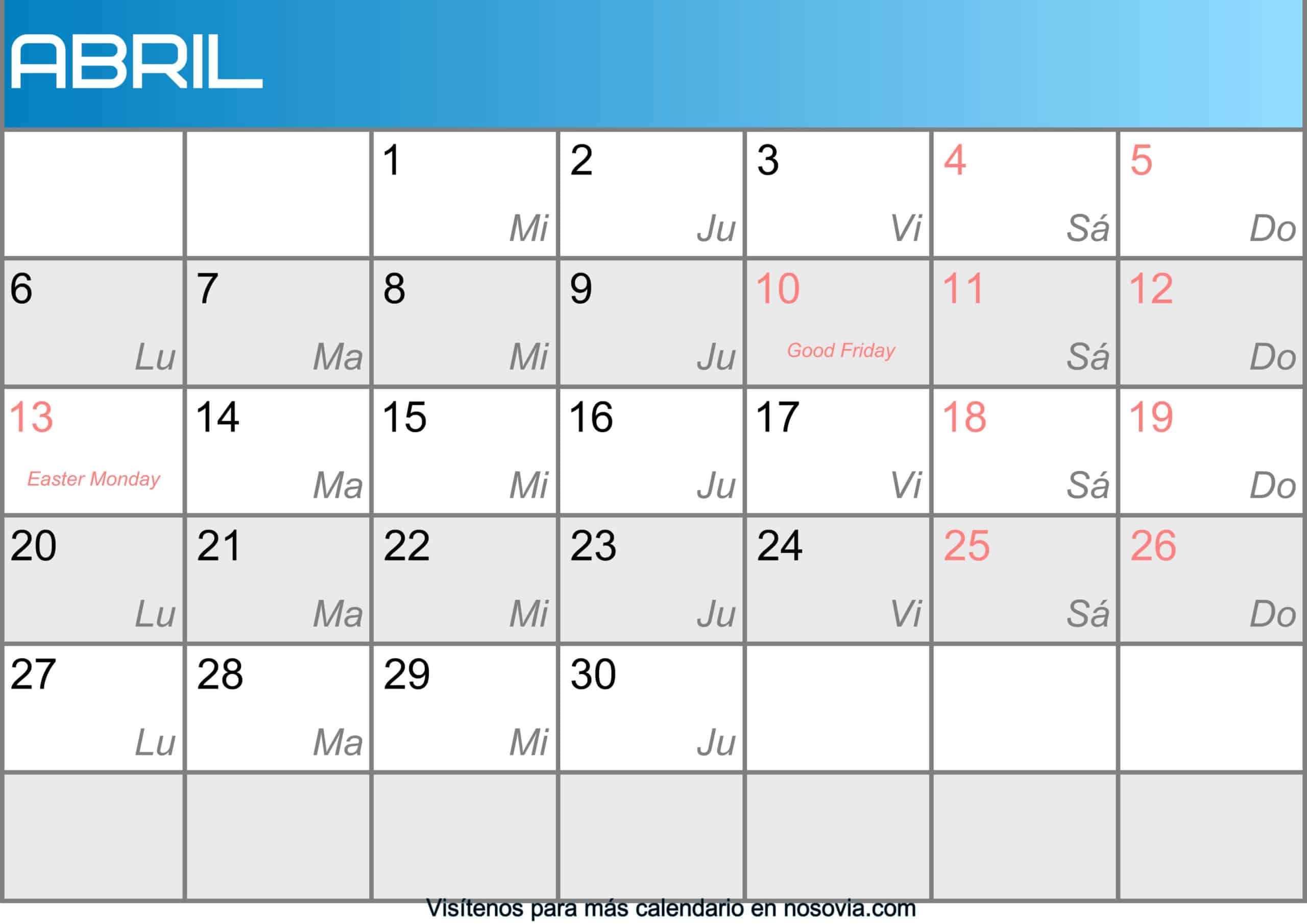 Calendario abril 2020 Con Festivos Imprimir | Nosovia.com