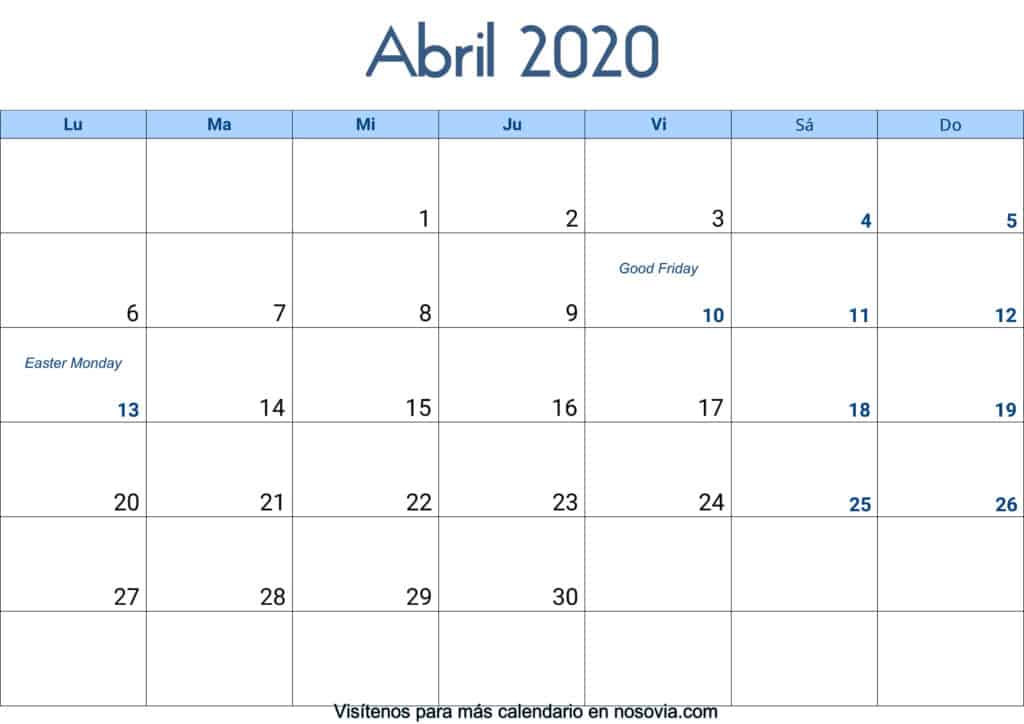 Calendario abril 2020 Con Festivos Imprimir | Nosovia.com