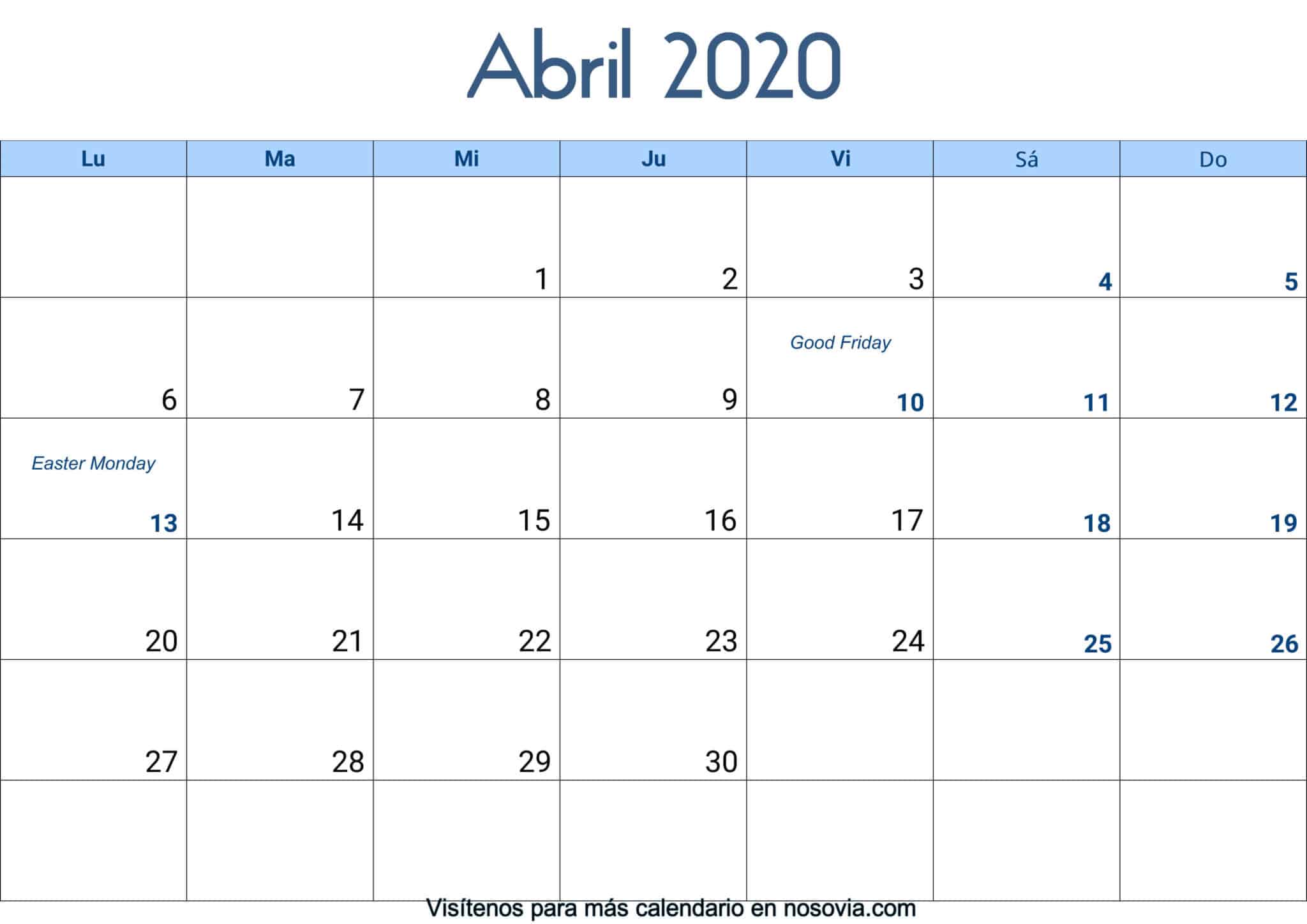 Calendario abril 2020 Con Festivos Imprimir | Nosovia.com