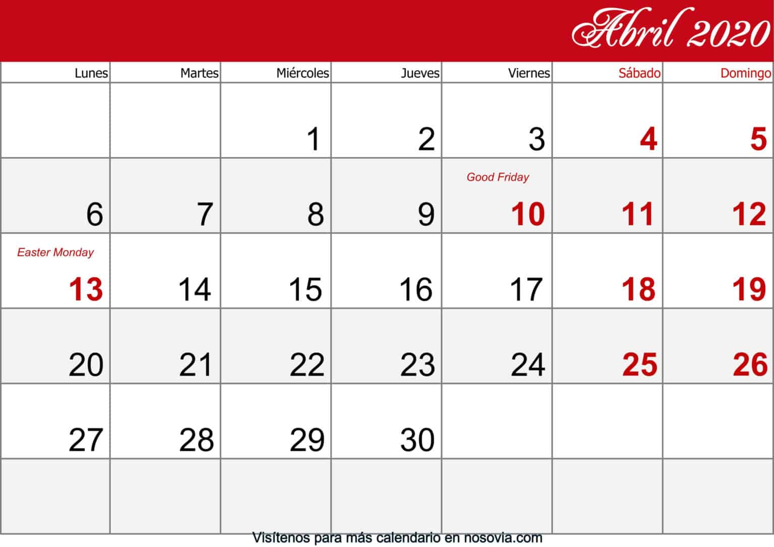 Calendario abril 2020 Con Festivos Imprimir | Nosovia.com