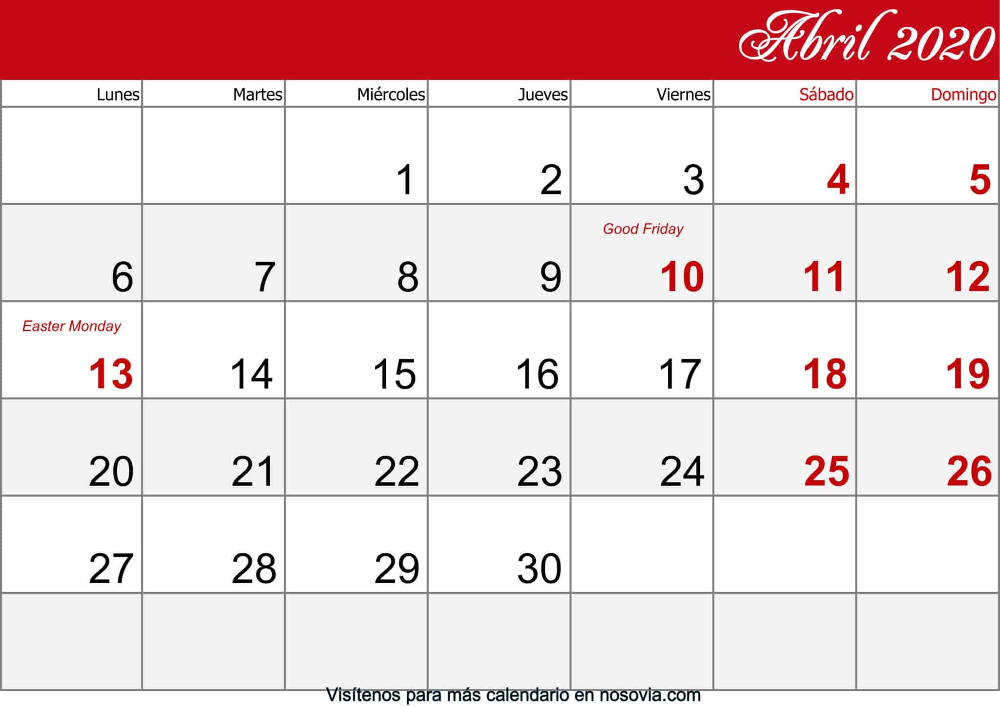 Calendario abril 2020 Con Festivos Imprimir | Nosovia.com