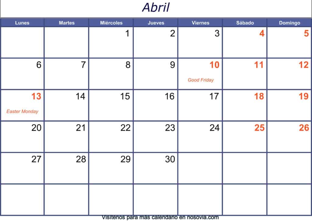 Calendario abril 2020 Con Festivos Imprimir | Nosovia.com