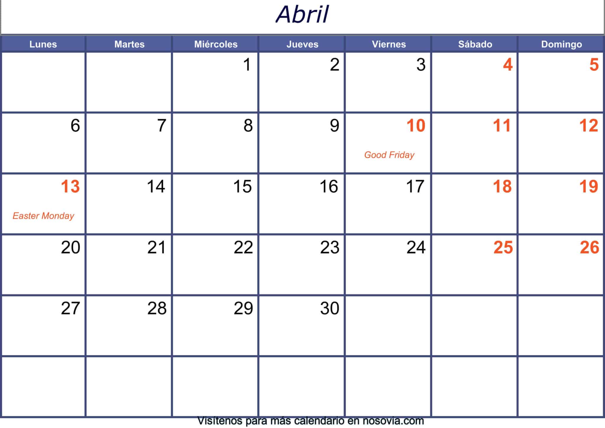 Calendario abril 2020 Con Festivos Imprimir | Nosovia.com