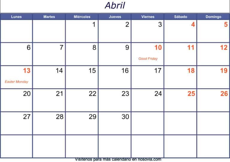 Calendario abril 2020 Con Festivos Imprimir | Nosovia.com