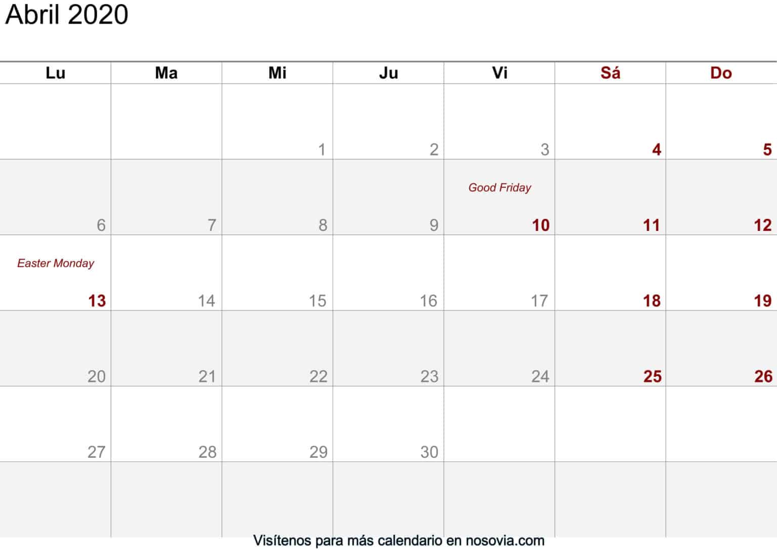 Calendario abril 2020 Con Festivos Imprimir | Nosovia.com
