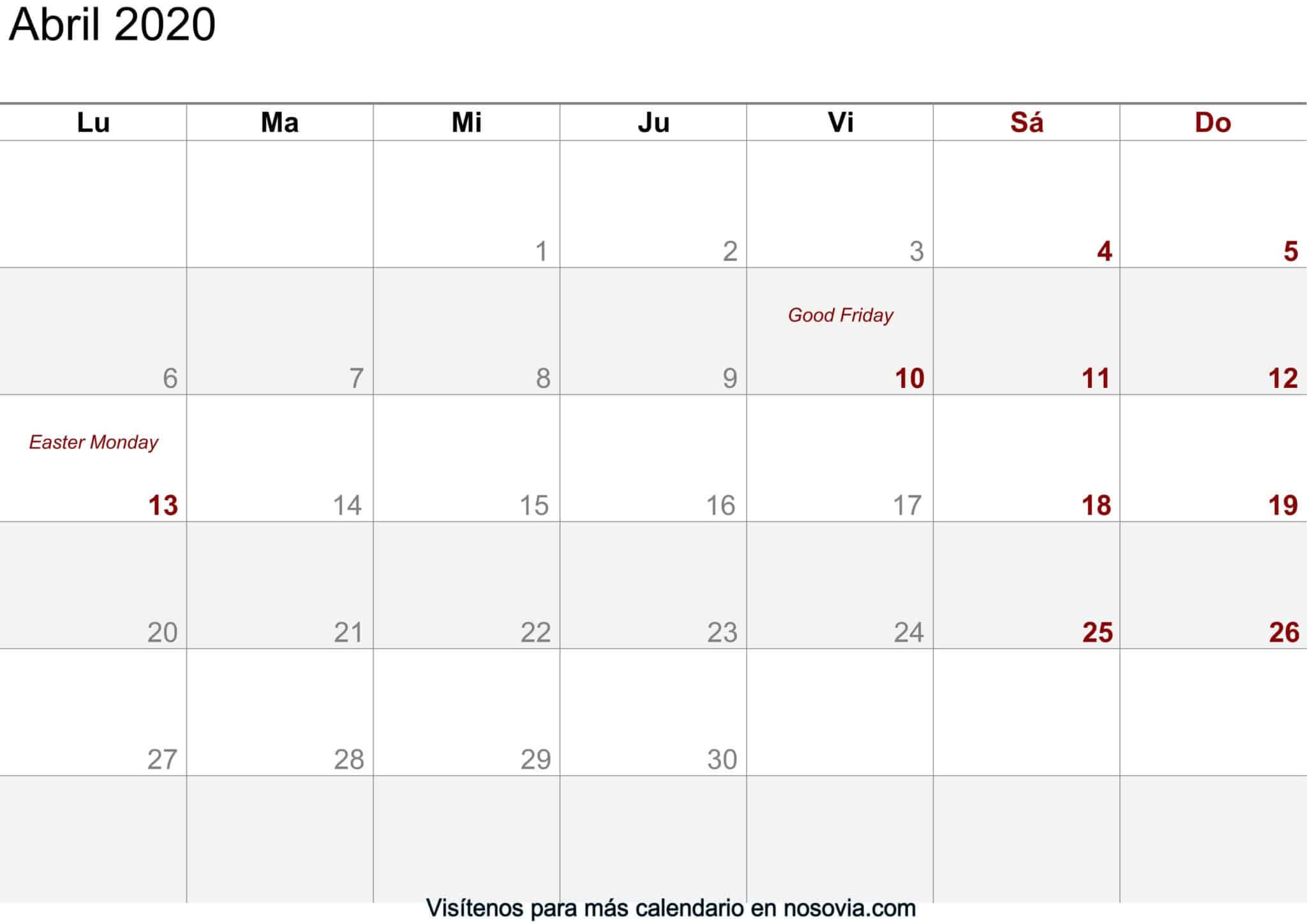Calendario abril 2020 Con Festivos Imprimir | Nosovia.com