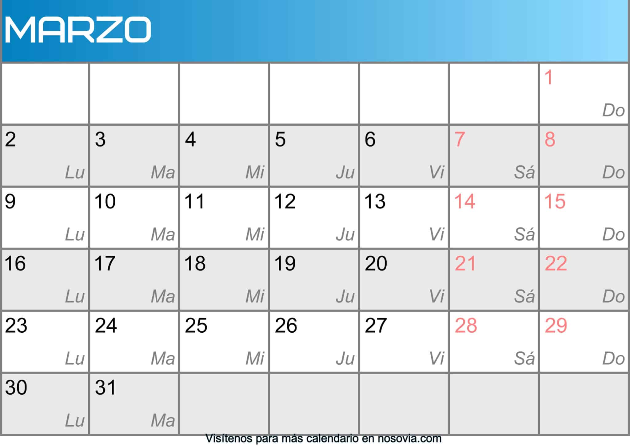 Calendario marzo 2020 Con Festivos Imprimir | Nosovia.com
