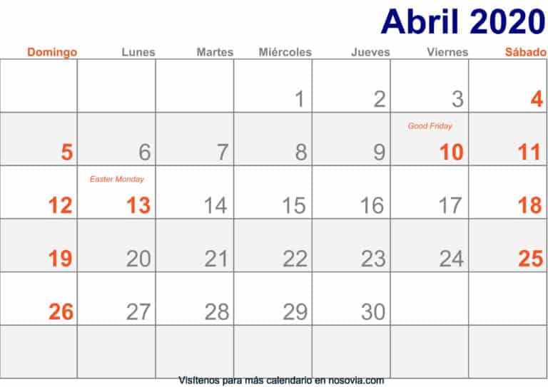 Calendario abril 2020 Con Festivos Imprimir | Nosovia.com