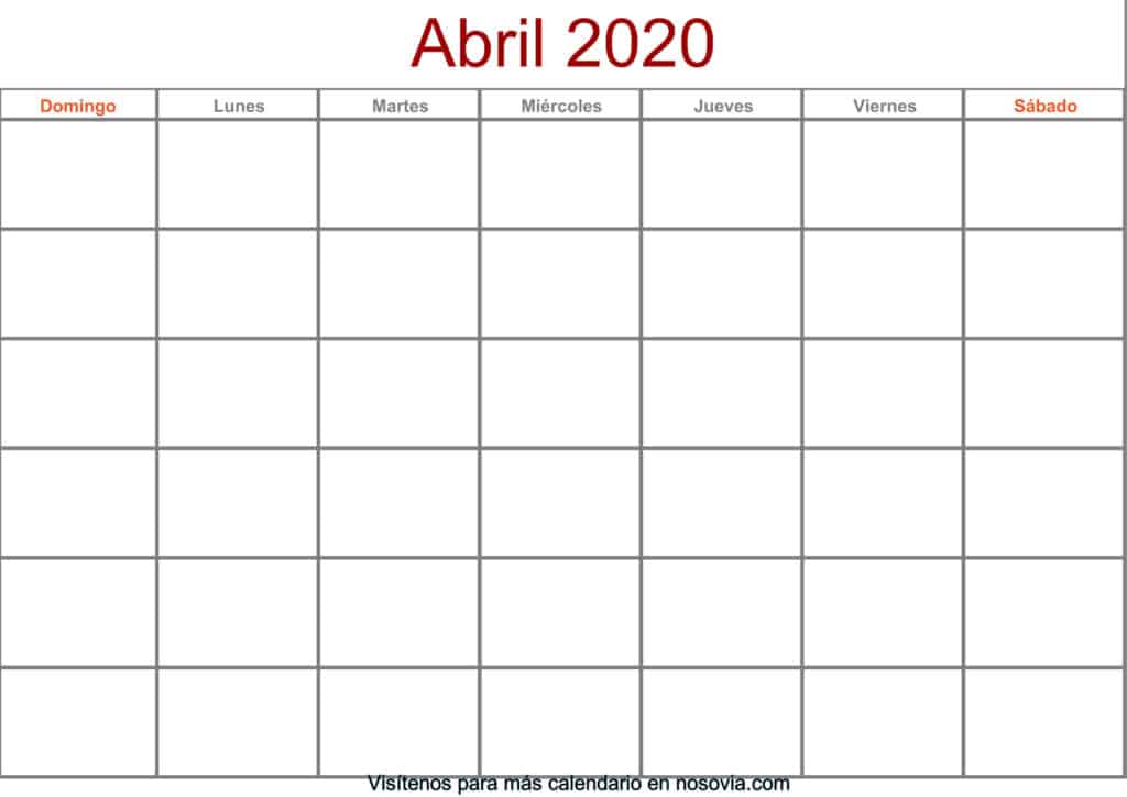 Calendario planificador mensual abril 2020 en blanco gratis | Nosovia.com