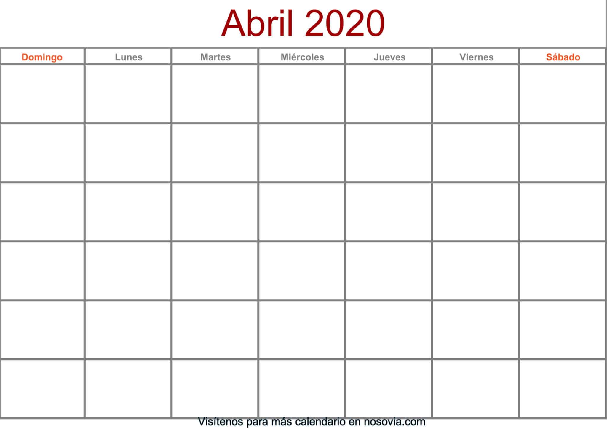 Calendario planificador mensual abril 2020 en blanco gratis | Nosovia.com