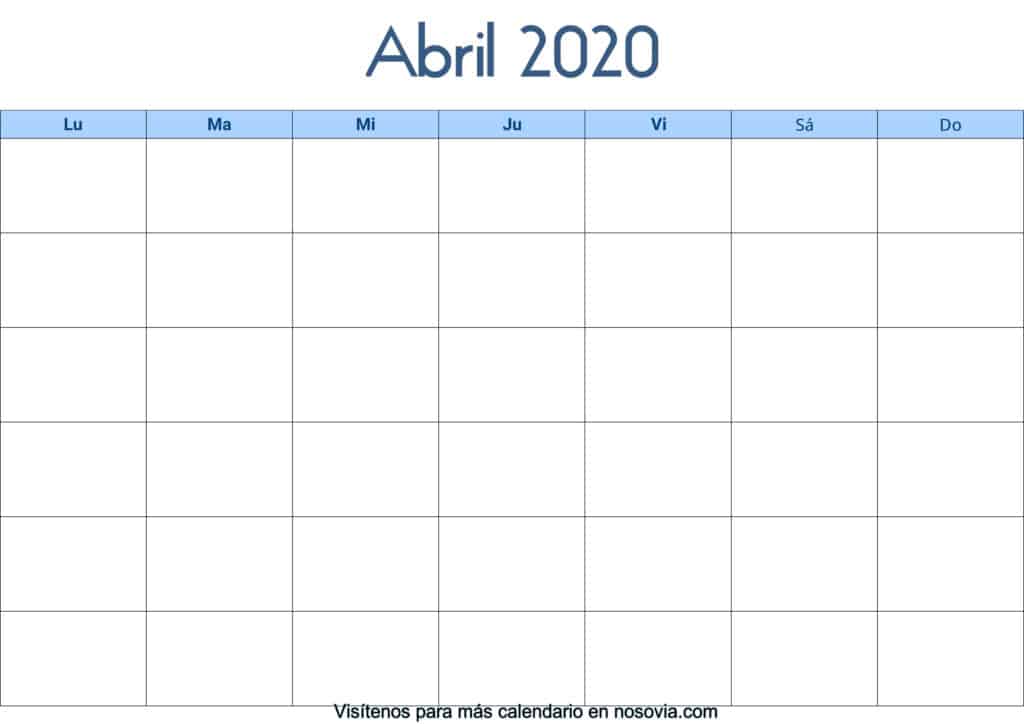 Calendario planificador mensual abril 2020 en blanco gratis | Nosovia.com