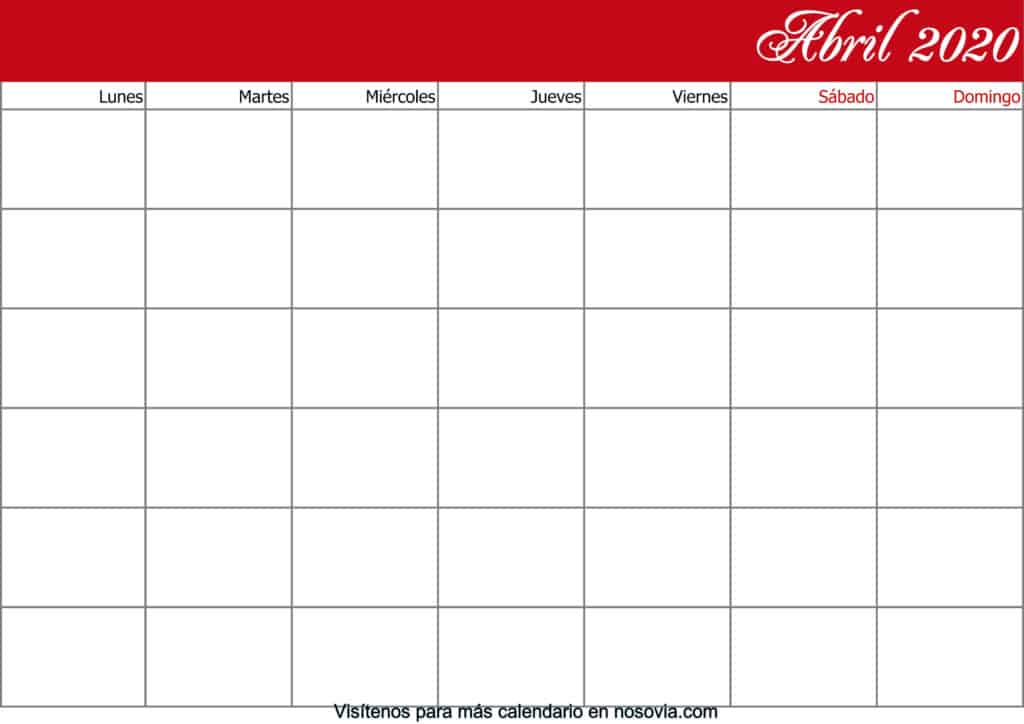 Calendario planificador mensual abril 2020 en blanco gratis | Nosovia.com