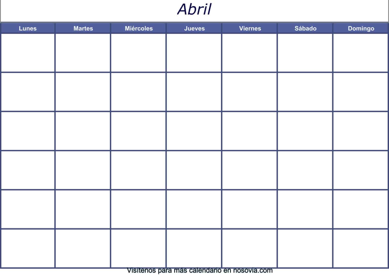 Calendario planificador mensual abril 2020 en blanco gratis | Nosovia.com