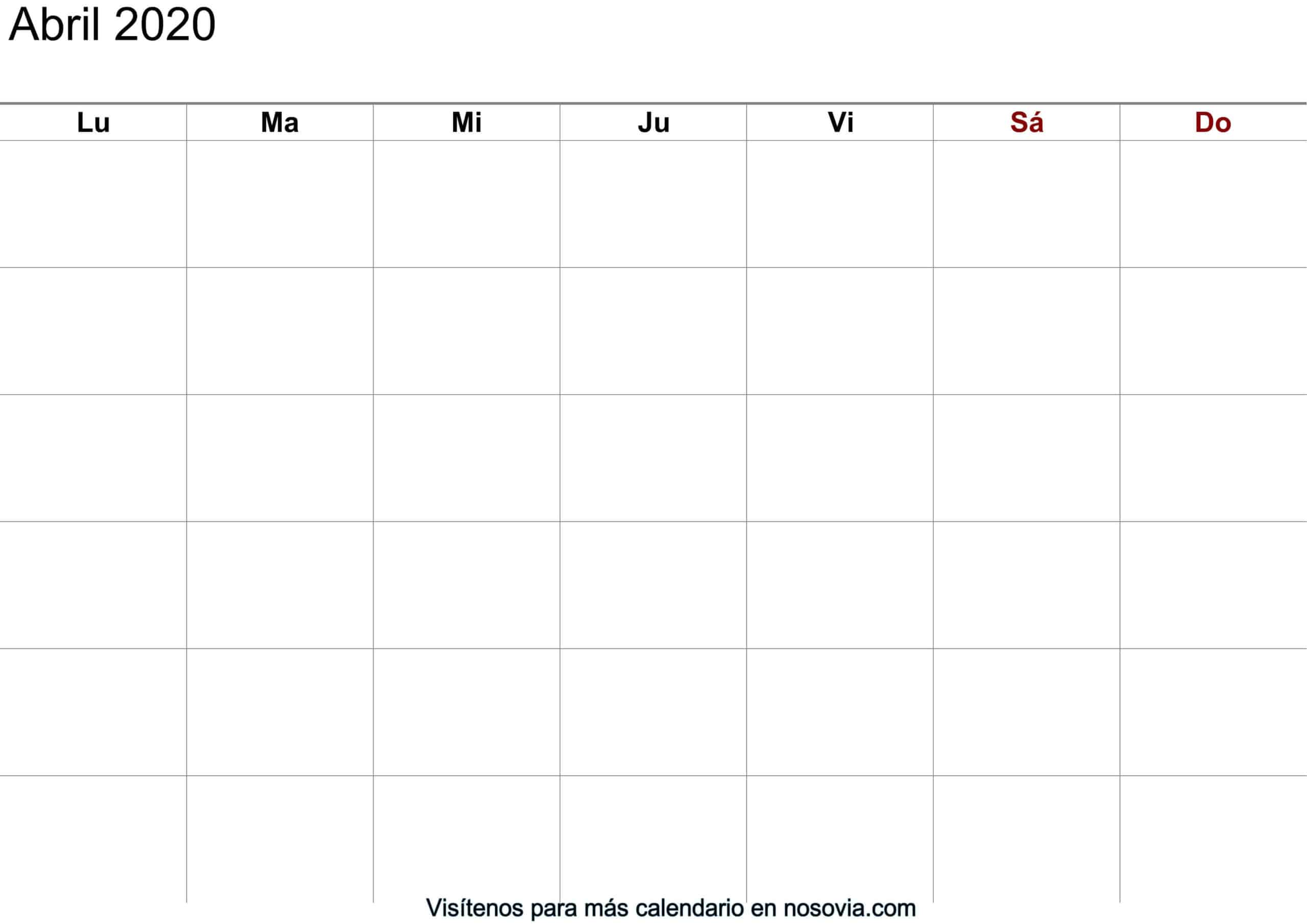 Calendario planificador mensual abril 2020 en blanco gratis | Nosovia.com