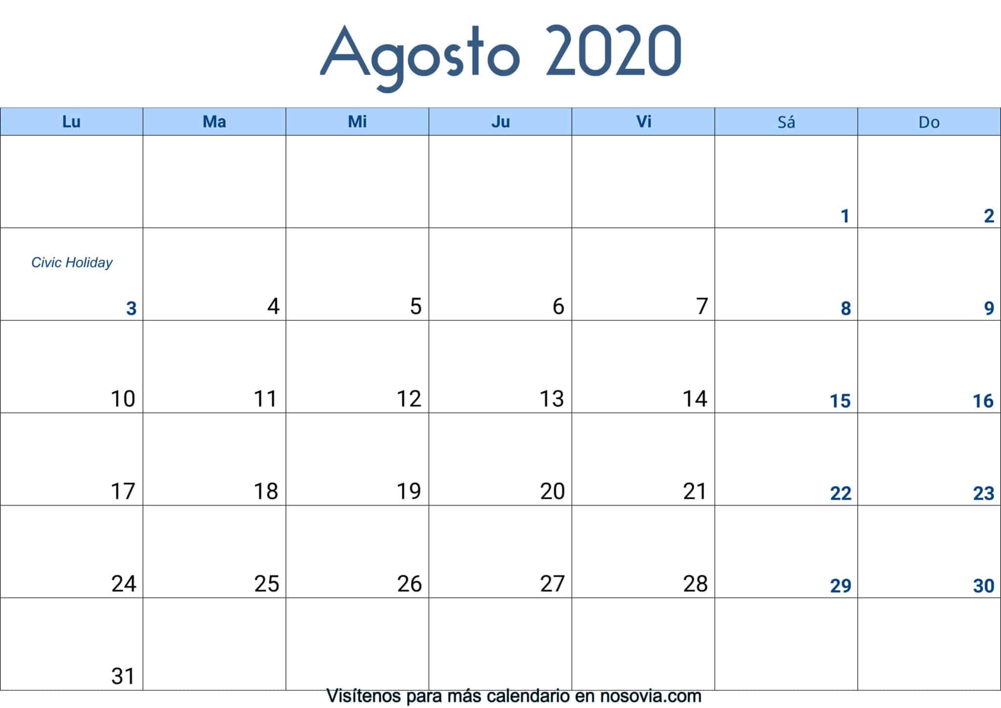 Calendario agosto 2020 Con Festivos imprimible | Nosovia.com