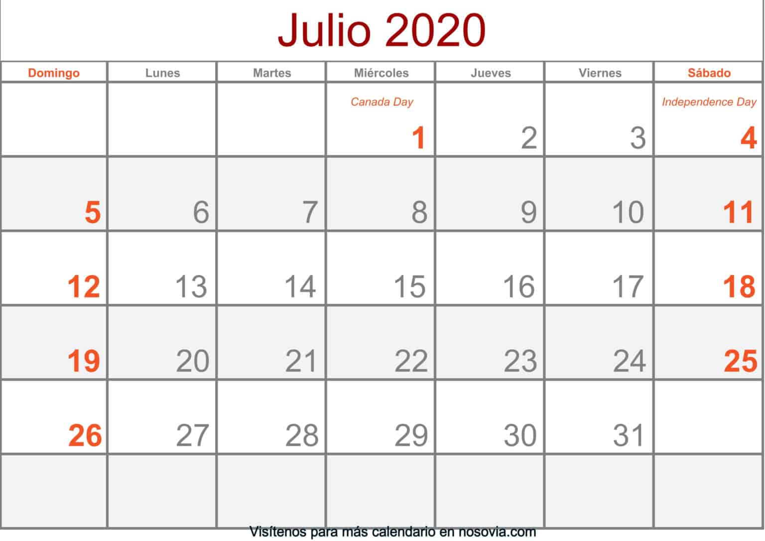 Calendario Julio 2020 Con Festivos Formato | Nosovia.com