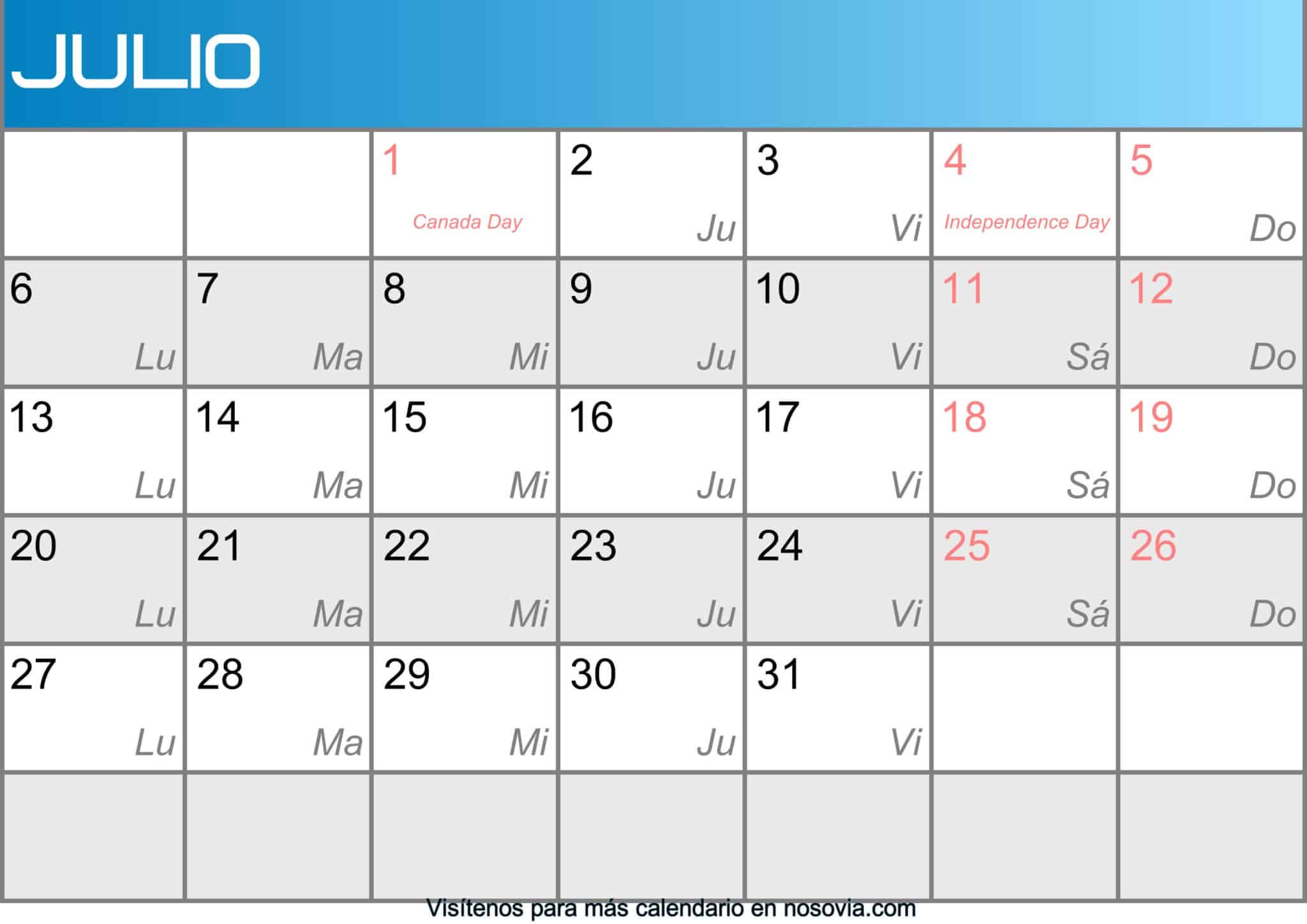 Calendario Julio 2020 Con Festivos Formato | Nosovia.com