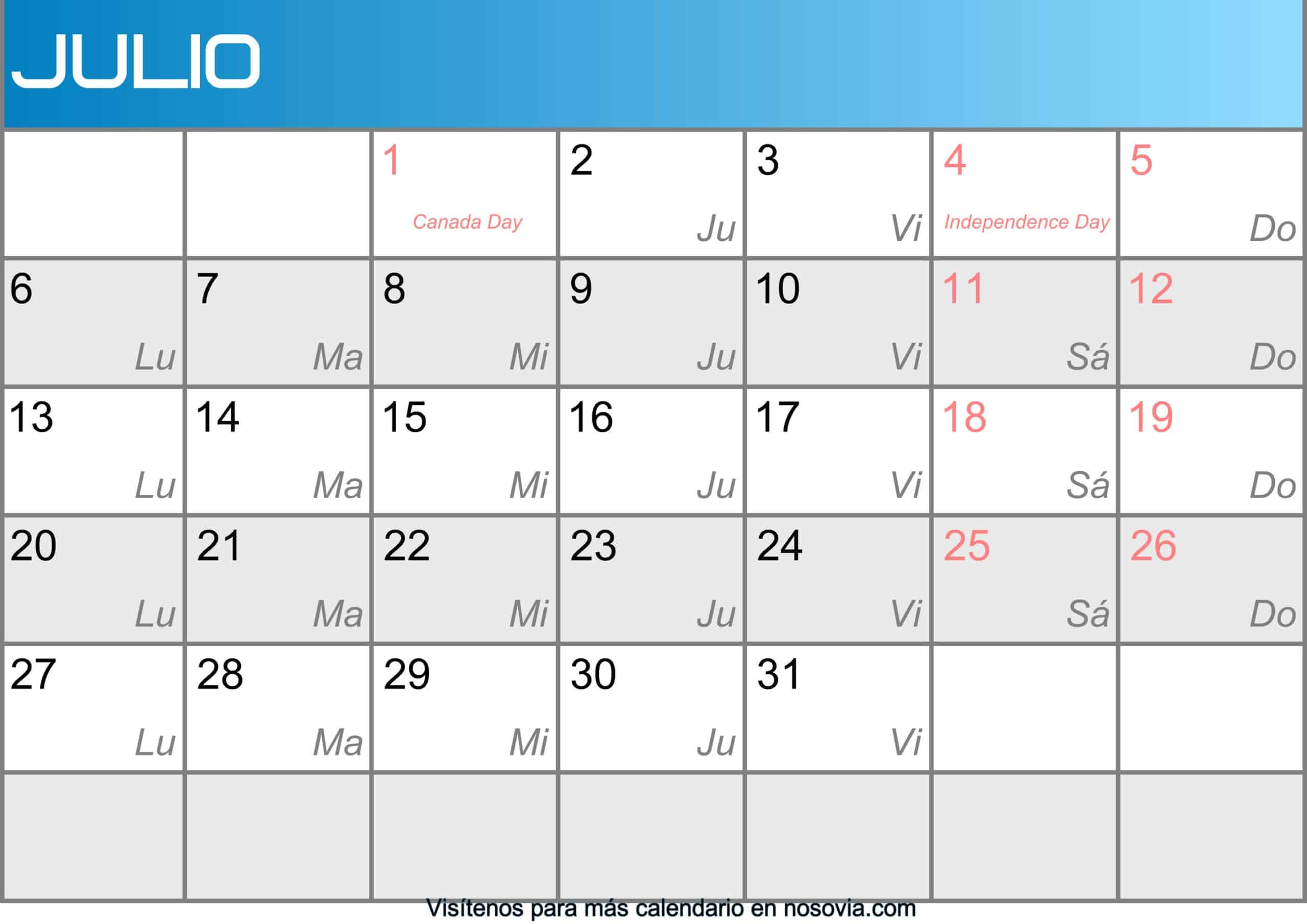 Calendario Julio 2020 Con Festivos Formato | Nosovia.com