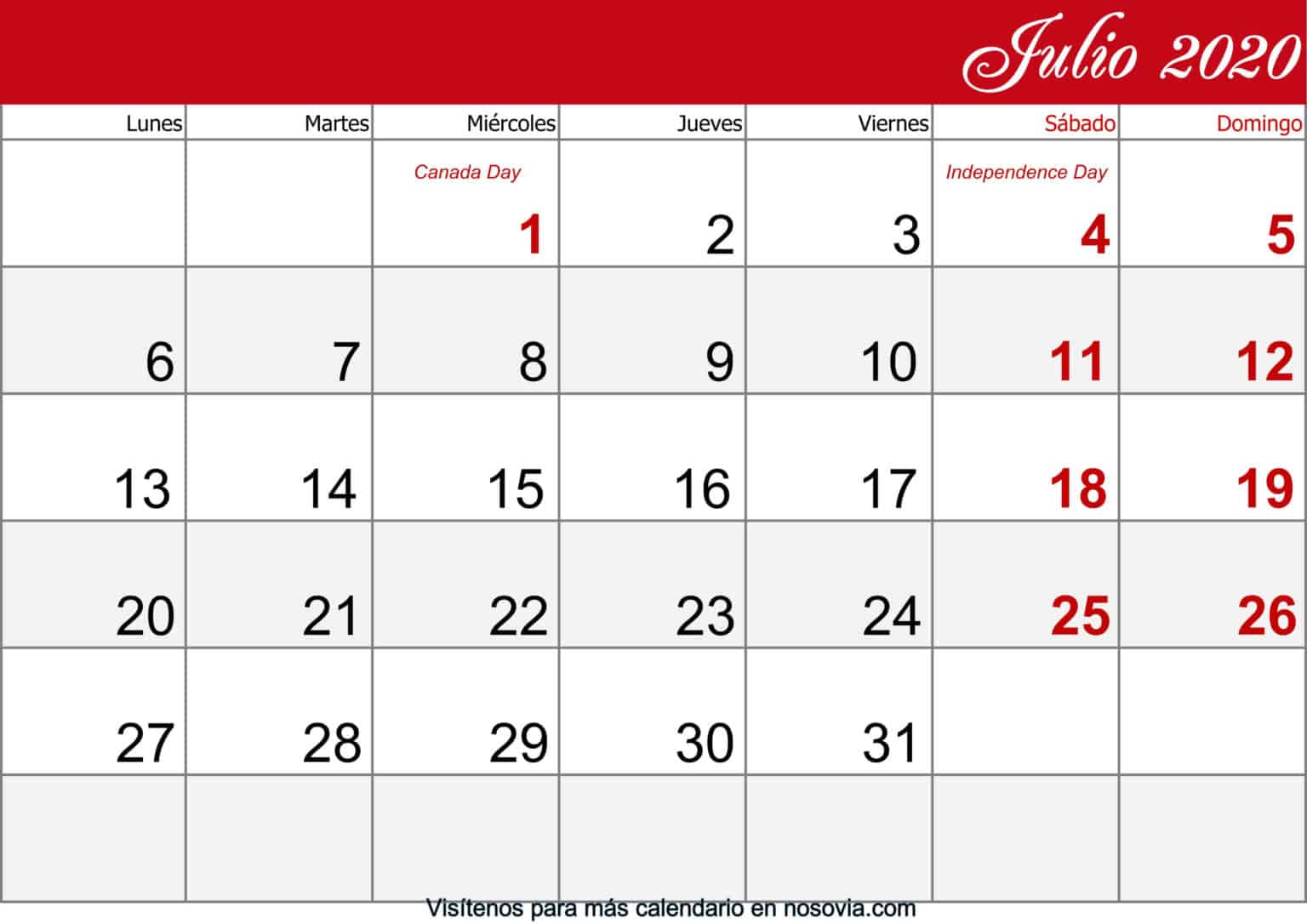 Calendario Julio 2020 Con Festivos Formato | Nosovia.com