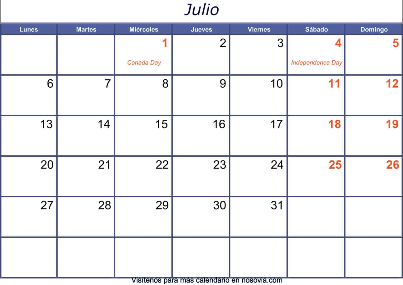 Calendario Julio 2020 Con Festivos Formato | Nosovia.com