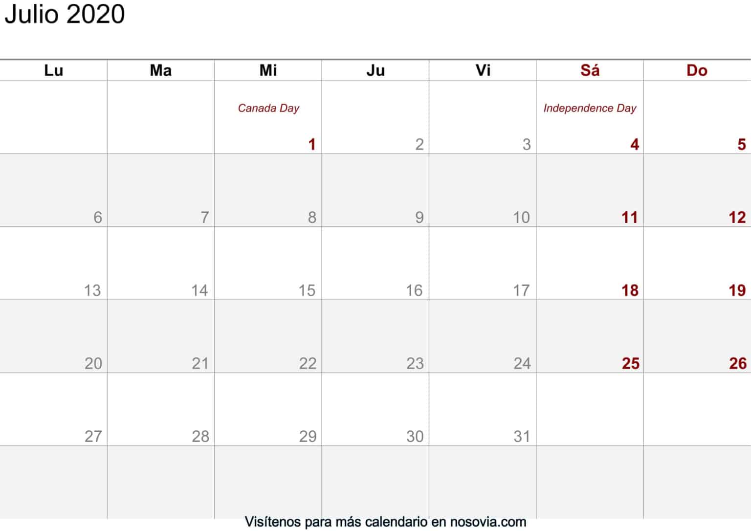Calendario Julio 2020 Con Festivos Formato | Nosovia.com