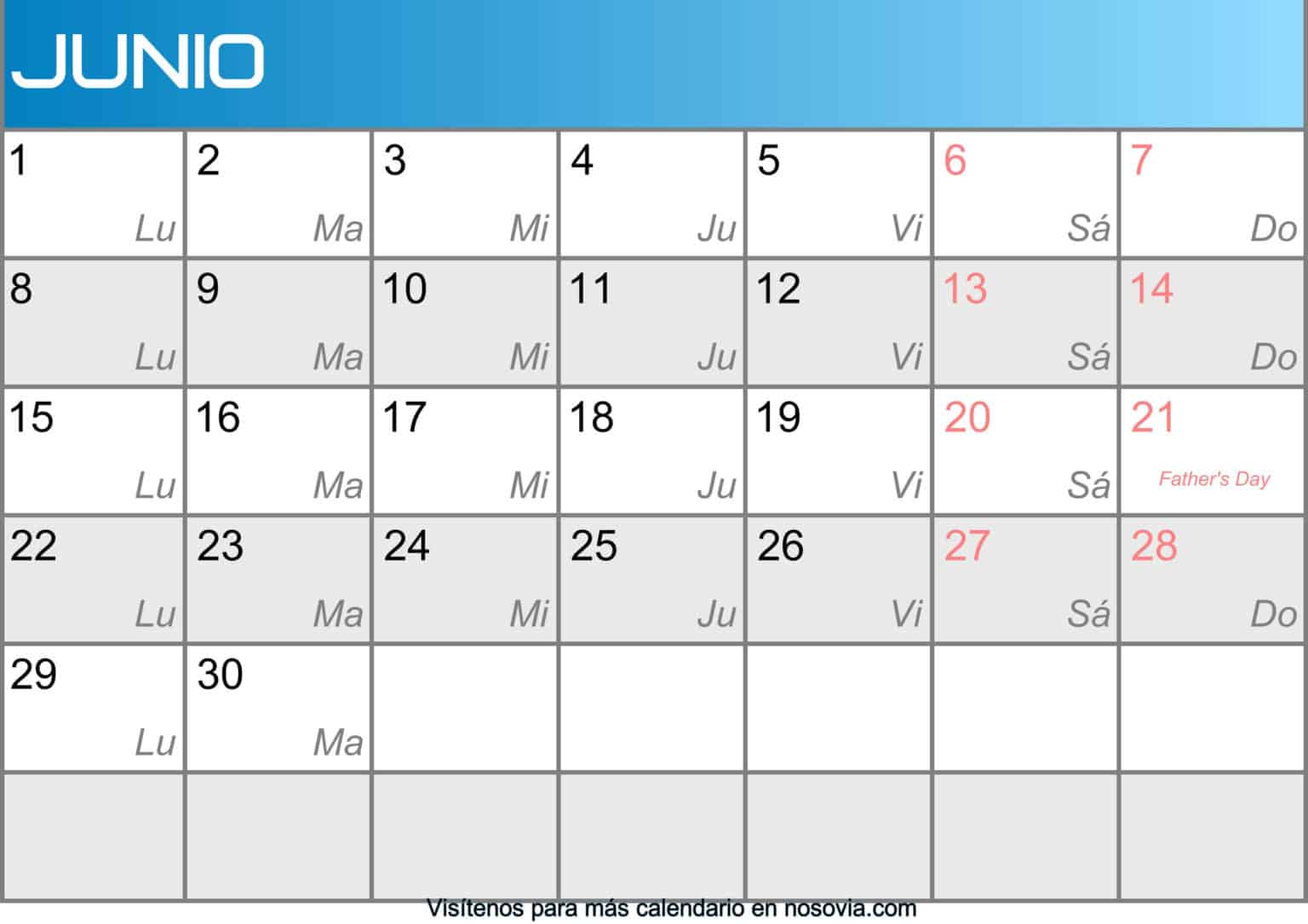 Calendario junio 2020 con festivos para imprimir | Nosovia.com