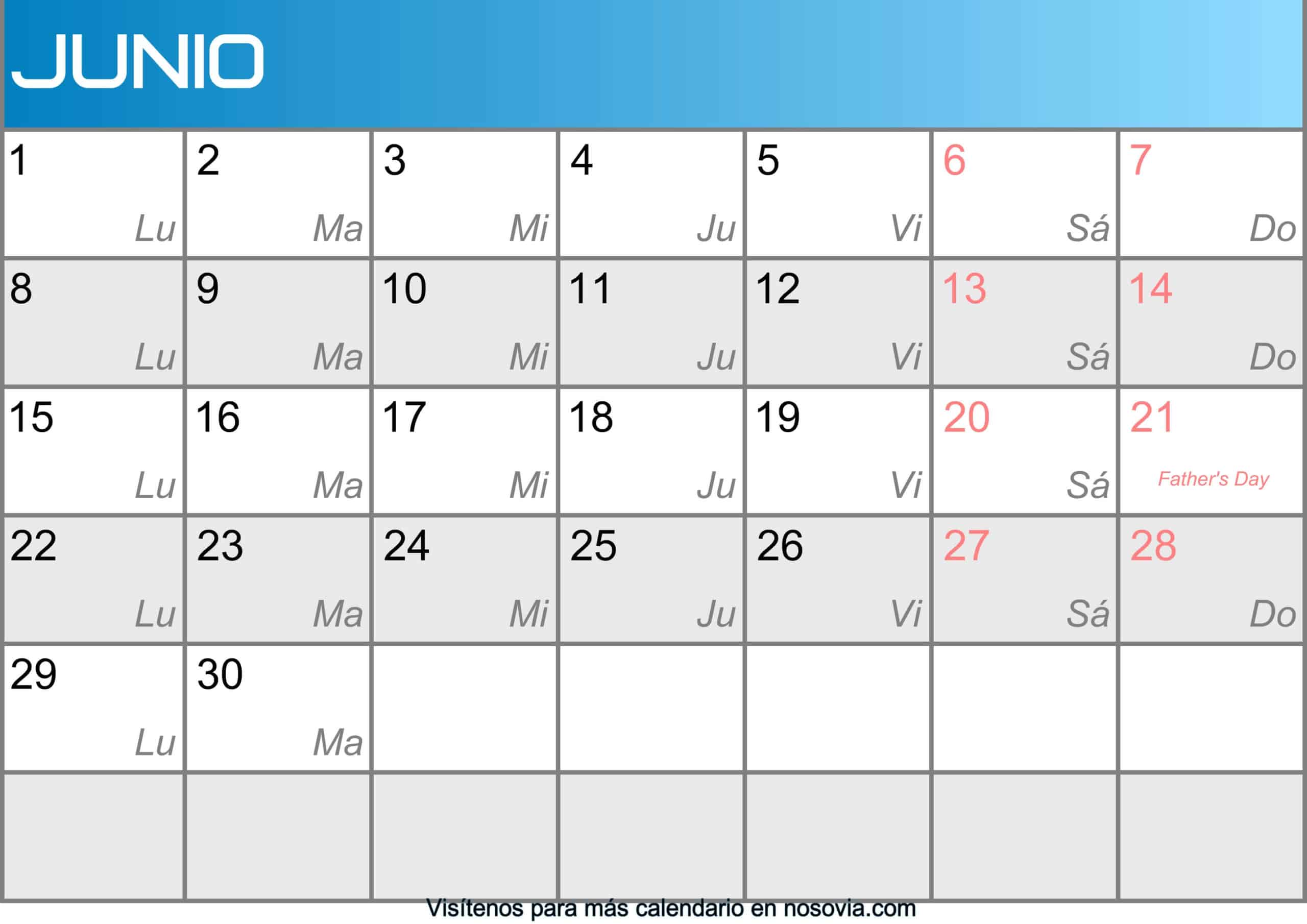 Calendario junio 2020 con festivos para imprimir | Nosovia.com