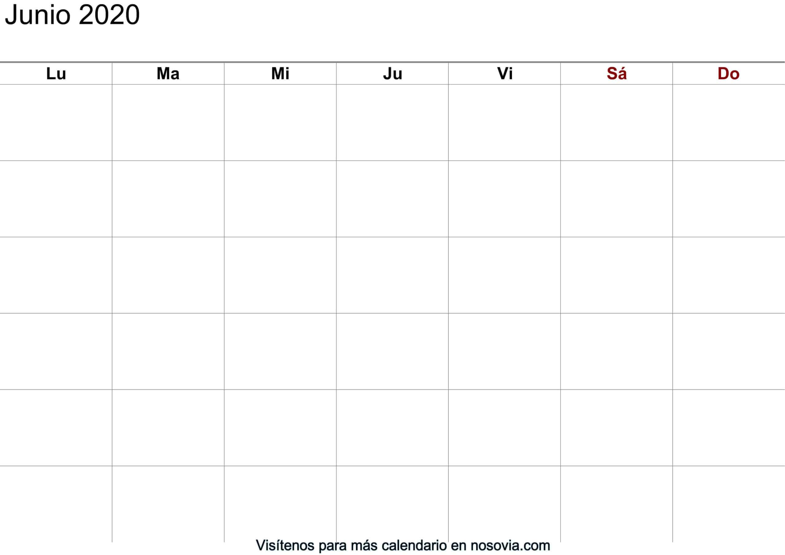 Calendario junio 2020 en blanco Palabra gratis | Nosovia.com