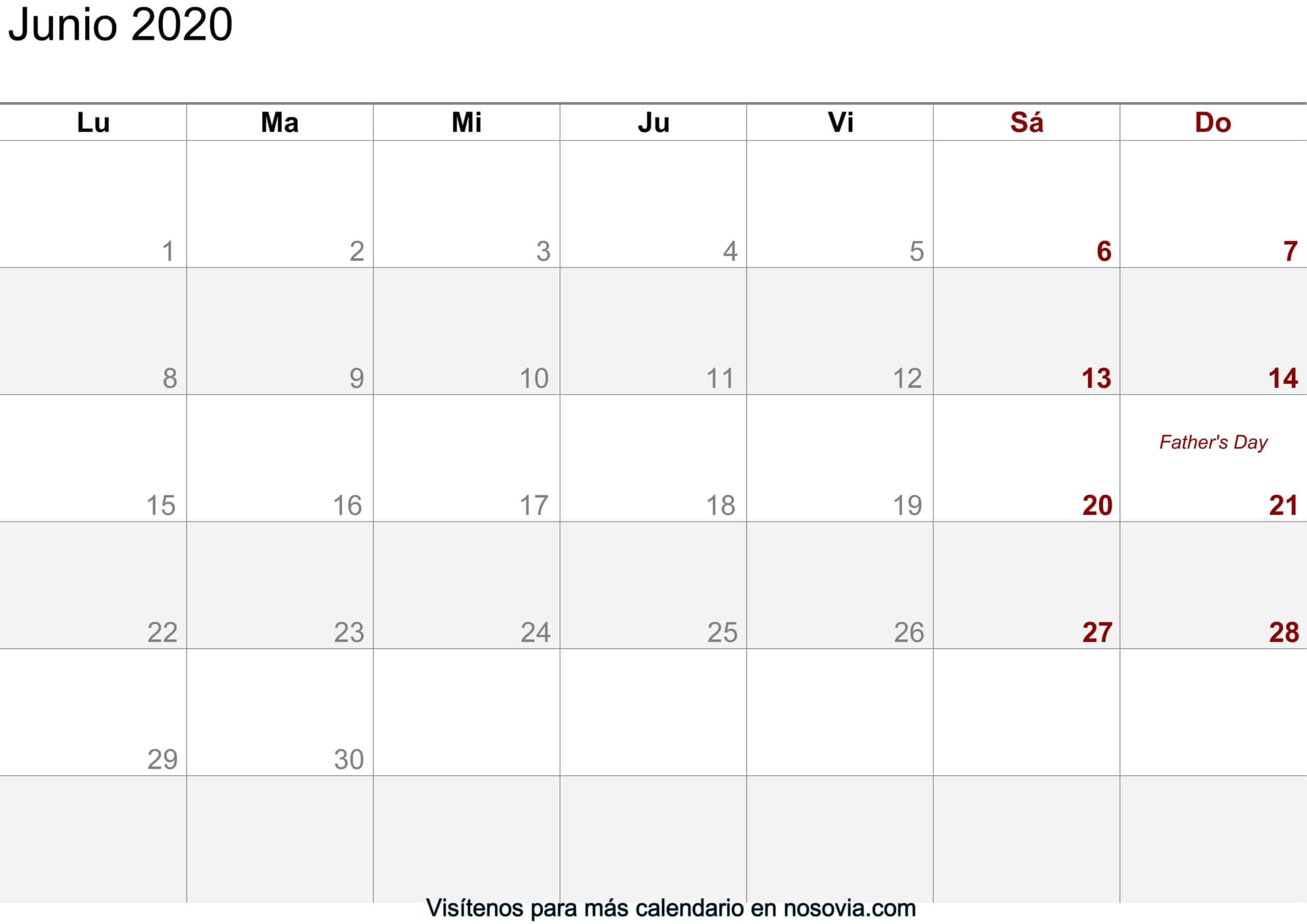 Calendario junio 2020 con festivos para imprimir | Nosovia.com
