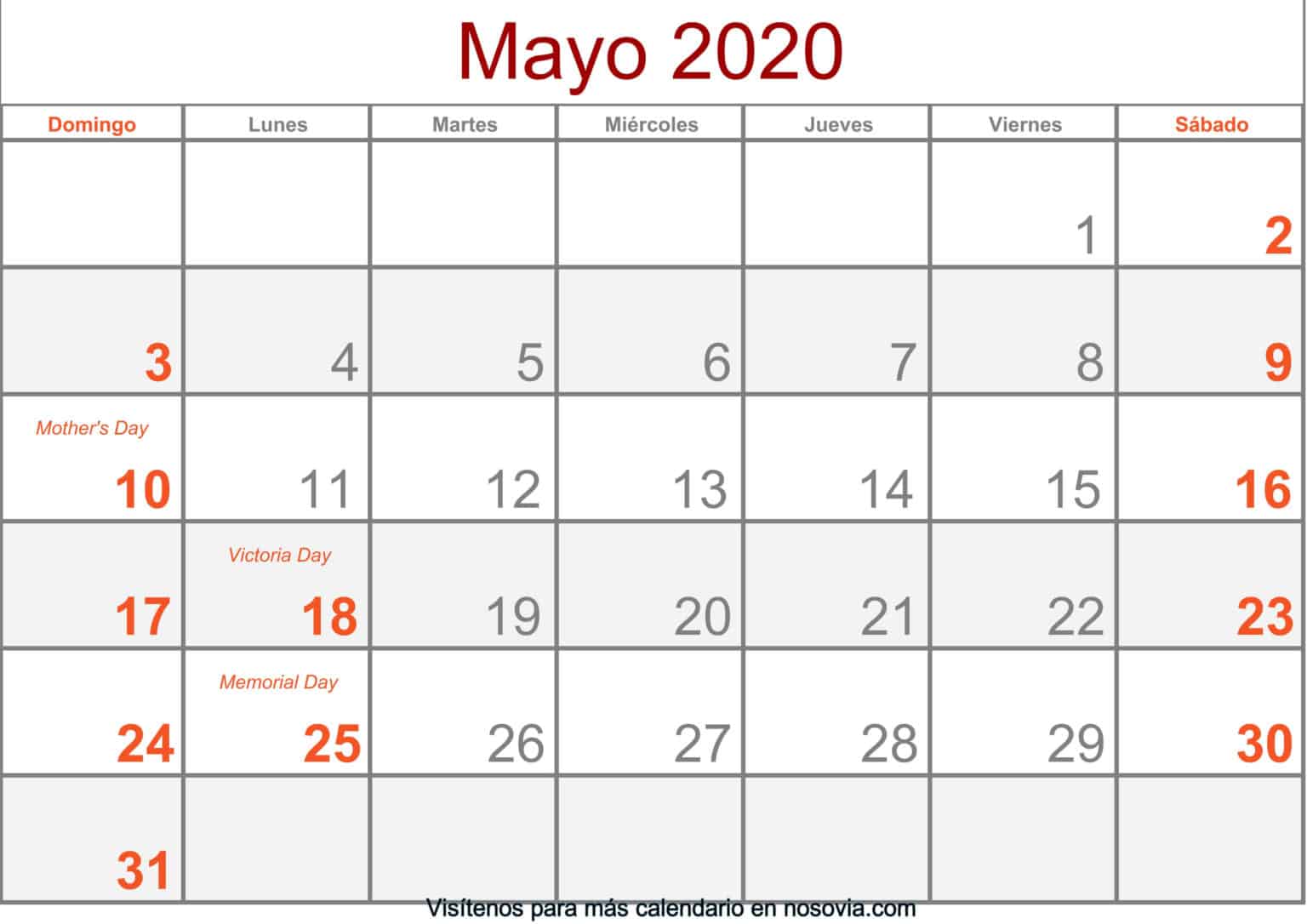 Calendario mayo 2020 Con Festivos Imprimir gratis | Nosovia.com